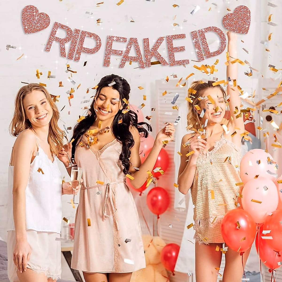 BEISHIDA Pre Strung Glitter RIP Fake ID Banner， Rose Gold Glitter Funny 21st Birthday Garland-No DIY，Rip Fake ID Banner Backdrop for Him，Her