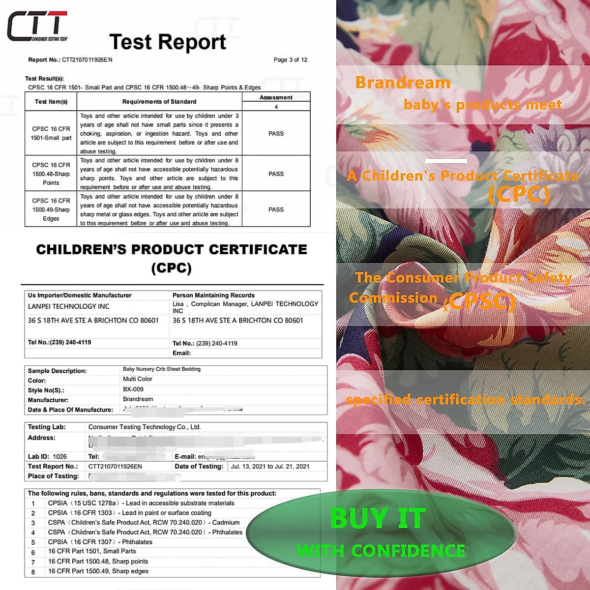 Brandream 3-Piece Crib Bedding Sets for Girls Garden Allure Blossom Floral Baby Nursery Set | Crib Comforter, Fiited Crib Sheet, White Tulle Lace Crib Bed Skirt, Pink Purple Green,100% Cotton