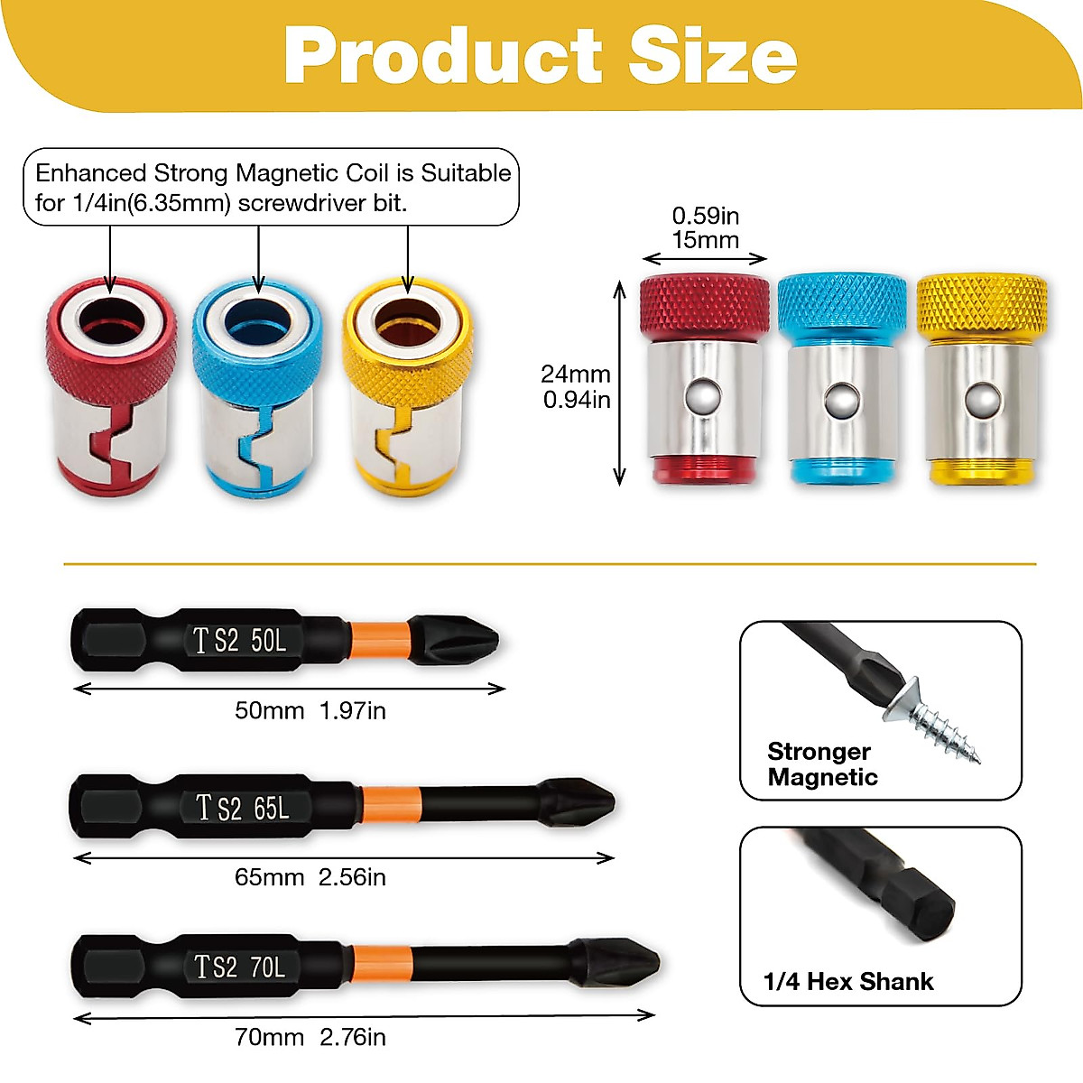 3 Pieces Strong Magnetic Screw Ring Holders With 3 Pieces Ph2 Screwdriver Bit Set, 1/4 Inch/ 6.35 mm Universal Magnetic Screw Ring Bit for Hex Screwdriver and Power Bits