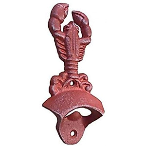 Hampton Nautical Red Whitewashed Wall Mounted Lobster Bottle Opener 6"-Vintage Cast Iron Decor-Sea Life
