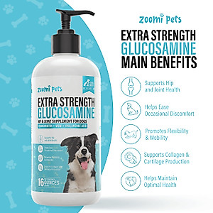 Zoomi Pets Liquid Glucosamine for Dogs (16oz) - Hip and Joint Supplement with Hyaluronic Acid, MSM, Manganese & Glucosamine Chondroitin for Dogs - Dog Joint Supplement Large Breed, Medium & Small Dogs