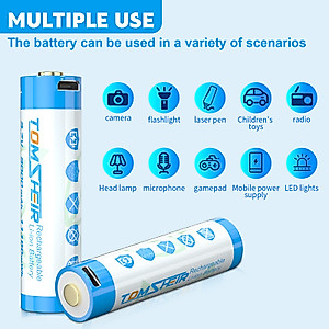TOMSHEIR 2 Pack 3.7V Rechargeable Batteries with Micro-USB Port Cable 3000mAh Battery for Flashlights, Camera, Headlamps, Doorbells, RC Cars, Sound Equipment