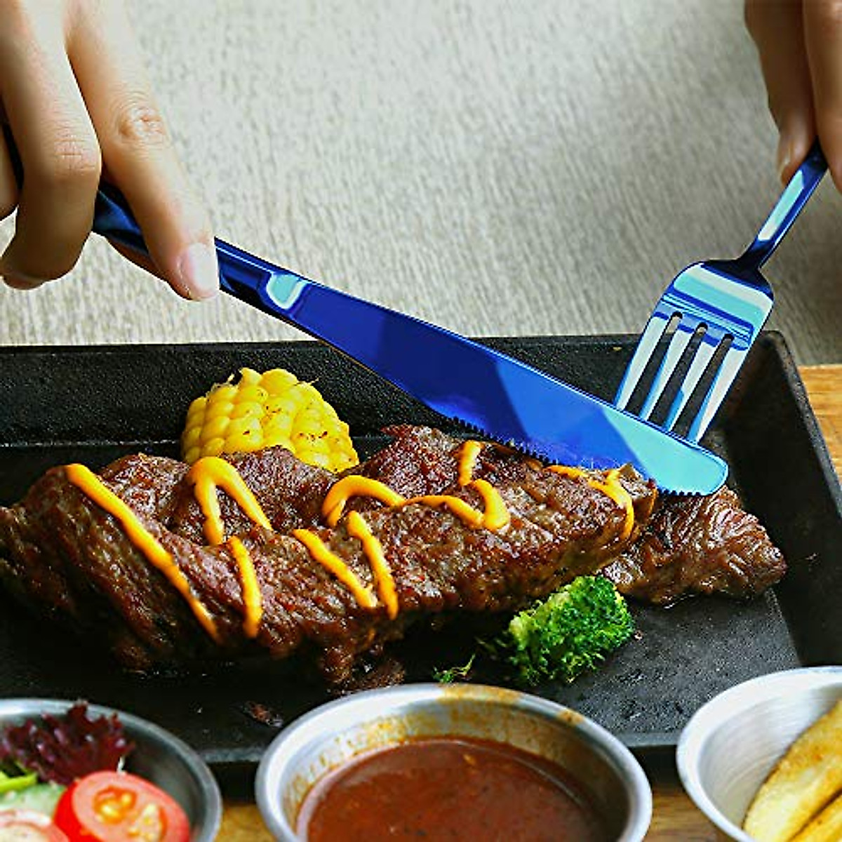 Blue Silverware Set&24-Piece Stainless Steel Flatware Service for 6, Mirror Finish Cutlery Set with Gift Box