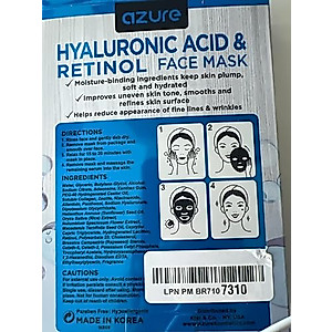 AZURE Hyaluronic Acid & Retinol Anti Aging Facial Mask - Dermatologist Tested - Rejuvenating & Hydrating Face Mask - Helps Reduce Fine Lines & Wrinkles, Smooths & Repairs - Korean Skin Care - 5 Pack