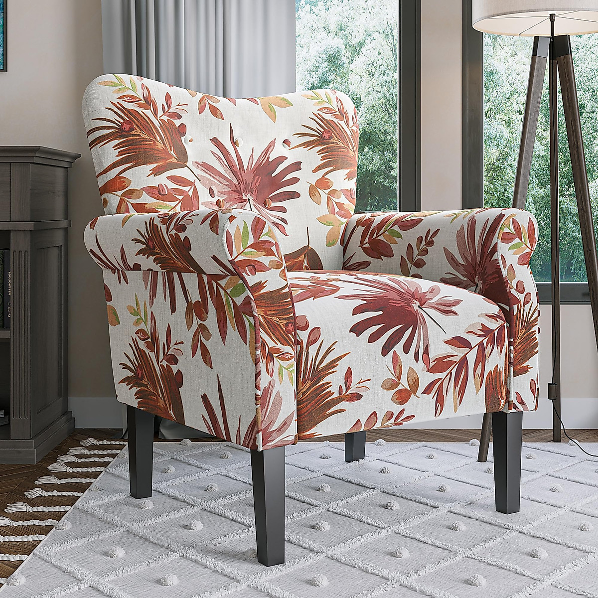 BELLEZE Modern Accent Chair for Living Room, High Back Floral Armchair with Wooden Legs, Upholstered Wingback Side Chair Padded Armrest Single Sofa for Living Room, Bedroom - Allston (Red Floral)