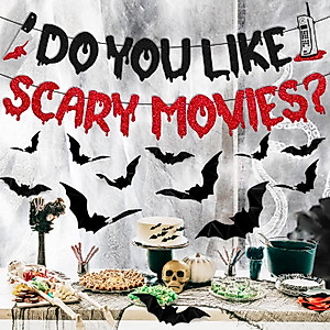 Halloween Decoration Do You Like Scary Movies Banner with 3D Bat Ornaments Hallow Horror Movies Night Party Decor Have a Killer Scream Party Decor Halloween Bloody Slayer Murder theme Spooky Creepy