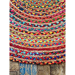 Indian Handmade Hand Braided Bohemian Reversible Colorful Cotton Round Yoga Mat Chindi Jute Bath Rug (24 inch) (2 feet Dia.)
