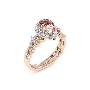 GEMVIO Collection Fleur-de-lis Vintage Style Bridal Set, Pear Cut Natural Morganite 8X6MM Gemstone & Diamond in 14K Solid Rose Gold Engagement Promise Anniversary Wedding Ring (1.10 Cttw) Size-8