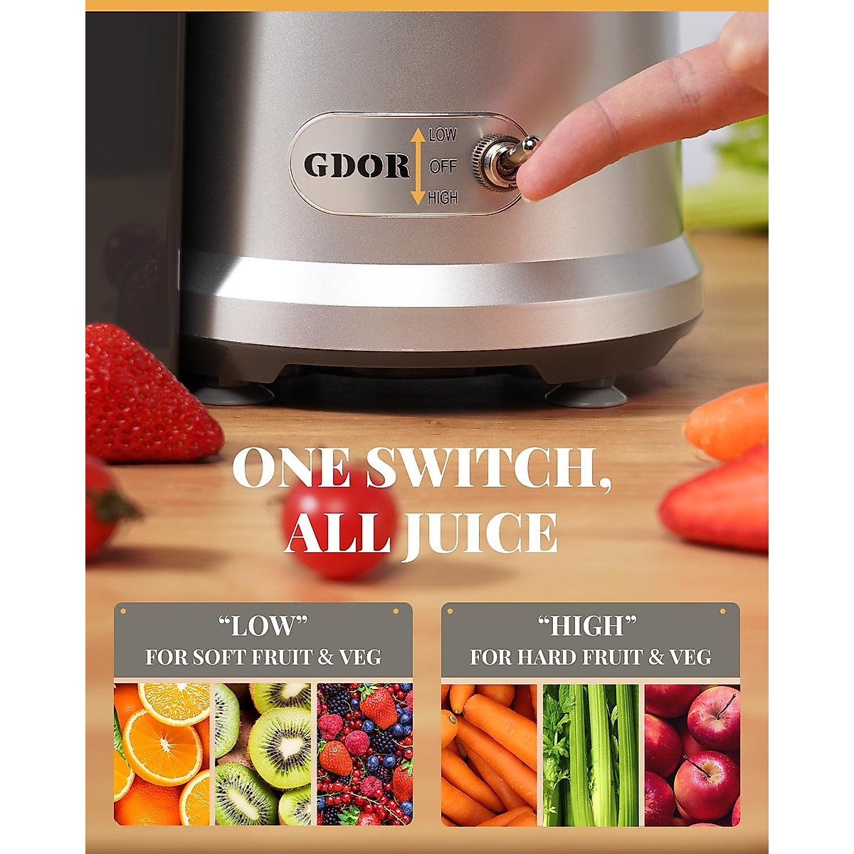 GDOR Powerful 1200W Juicer with Larger 3.2" Feed Chute, Titanium Enhanced Cutting System, Centrifugal Juice Extractor Maker with Heavy Duty Full Copper Motor, Dual Speeds, BPA-Free, Silver