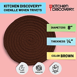 Trivets for Hot Pots and Pans - Kitchen Discovery 8" Chenille Trivets - Set of 3 Large Woven Pot Pads for Serving Hot or Cold Dishes and Protecting Your Table, Countertop or Island, Brown