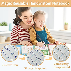 4 Pack Groove Magic Practice Copybook for Kids, Comfy Kindergarten Handwriting Set, Life Pigment Copy Book, Reusable Tracing Workbook with Pens & Aid Pen Grips