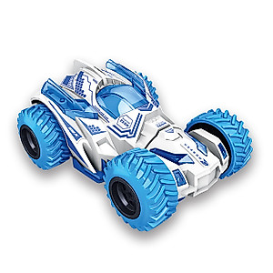 Geospace Friction Stunt Car with 360 Rotating Front Wheels - 1 Hand Held Push-Powered Stunt Car (White/Blue)