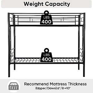 Anwickmak Twin Over Twin Bunk Bed with Ladder and Full-Length Guardrail, Metal Frame Bunk Bed for Kids/Teens/Adults, No Box Spring Needed (Black)