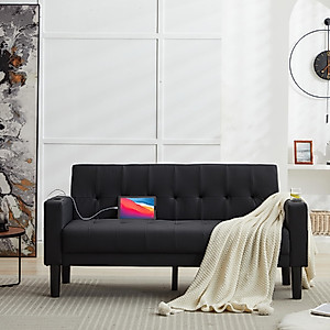 TYBOATLE Sofa Couch 62" W Loveseat w/ 2 USB Charger Ports & 2 Cupholders, Mid-Century Modern Tufted Black Faux Leather Small Love Seat Couches for Office,Compact Living Room,Bedroom,Apartment,Dorm