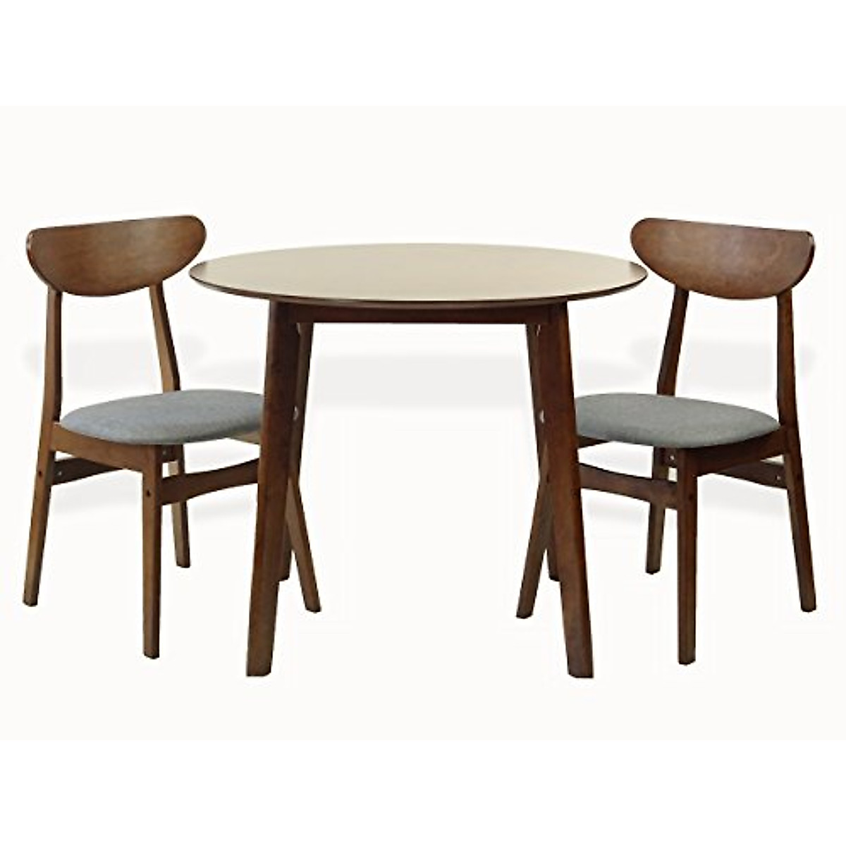 Set of 3 Dining Kitchen Round Table and 2 Yumiko Side Chairs Solid Wood w/Padded Seat Medium Brown