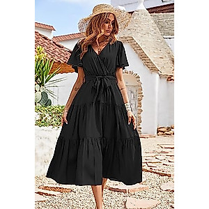 PRETTYGARDEN Summer Dresses for Women 2023 V Neck Wrap Short Sleeve Boho Midi Dress Tie Waist A Line Beach Sun Dresses (Black, Medium)
