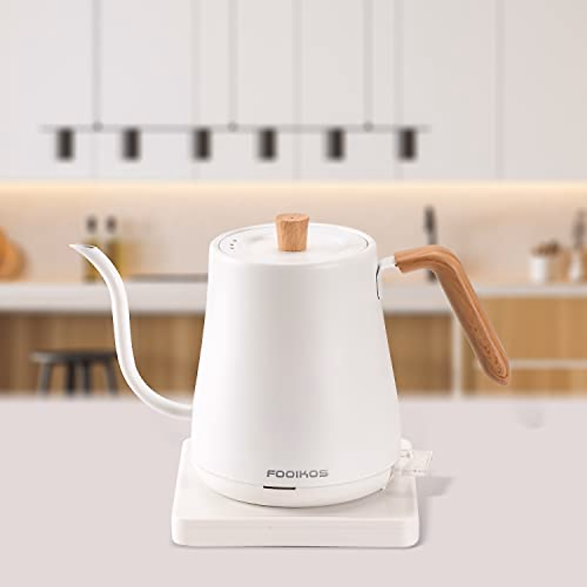 Fooikos Electric Gooseneck Kettle 0.8L for Pour Over Coffee and Tea, Food Grade 304 Stainless Steel, 1000W Quick Heating (White)