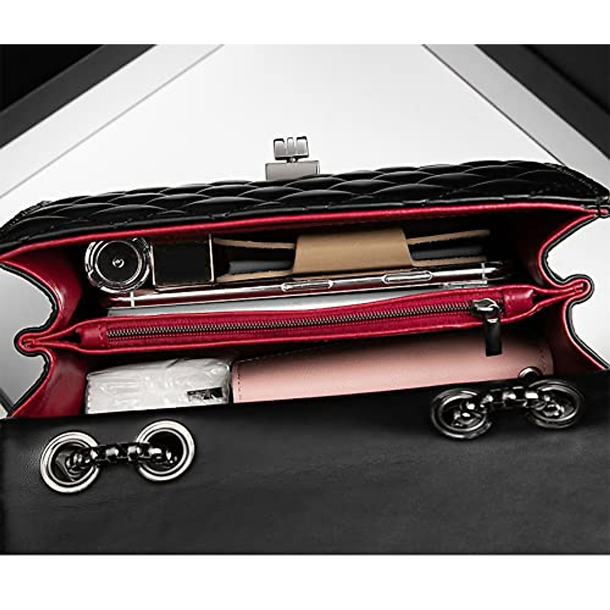 CEDDEOS Quilted Black Crossbody Bags Purses for Women, Small Handbags PU leather Shoulder Ladies Stylish Clutch Satchels Evening bag with Chain Strap