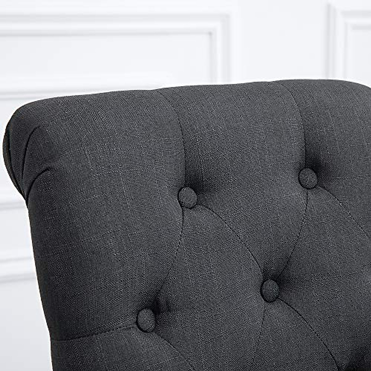 Pair Dining Room Chairs Kitchen Chairs Set of 2 Grey Comfortable Linen Fabric Upholstered Black Wood Legs Side Chairs Studded Nailhead and Button for Living Room Restaurant Lounge (2, Charcoal Grey)