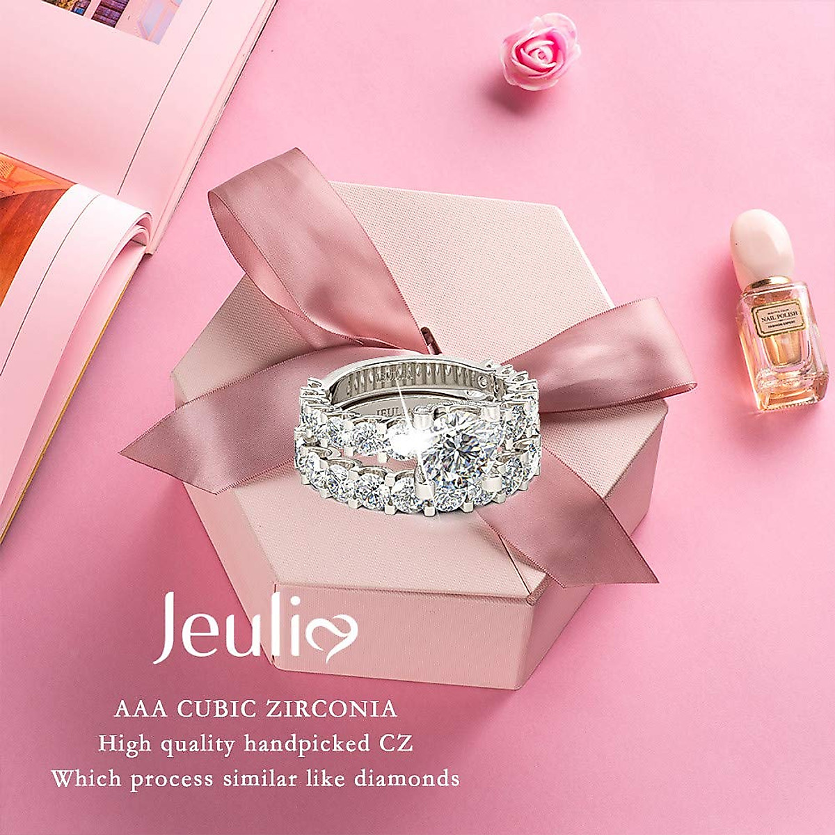 Jeulia 3.5 Carat Round Cut Sterling Silver Wedding Ring White Diamond Cubic Zirconia Bridal Engagement Rings Solitaire Bridal Set Anniversary Valentine’s Gift with Beautiful Jewelry Box (8)