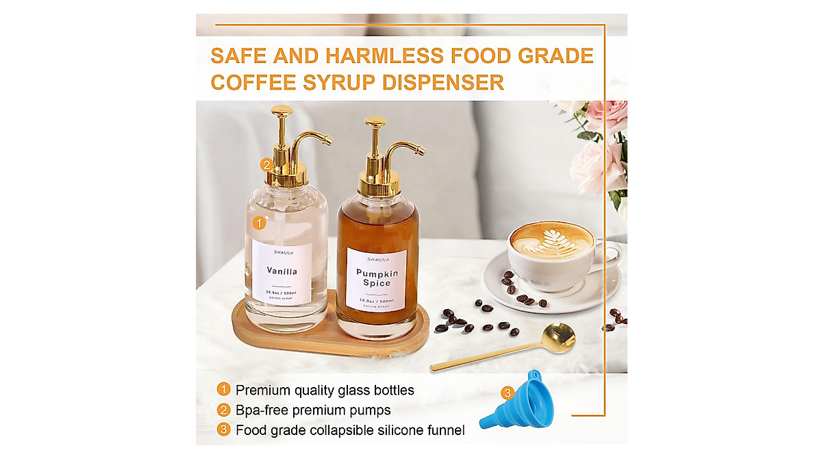 Coffee Syrup Dispenser Set with Labels & Bamboo Tray | SHANNA