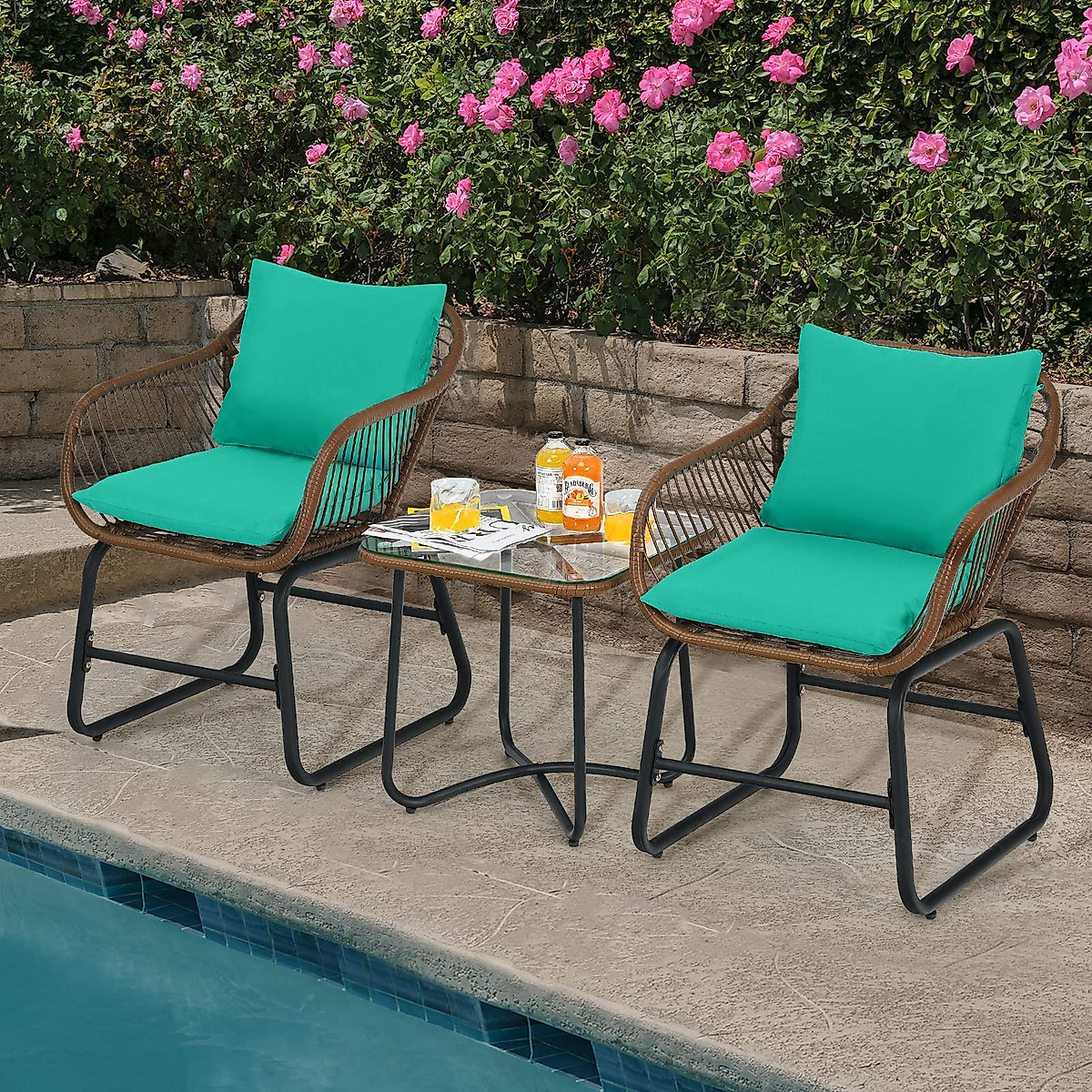 Tangkula 3 Pieces Patio Bistro Set, Patiojoy Outdoor PE Rattan Armchairs and Coffee Table Set with Comfortable Cushions & Adjustable Foot Pads, Suitable for Garden Backyard Poolside (Turquoise)