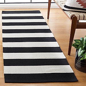 SAFAVIEH Montauk Collection Runner Rug - 2'3" x 12', Black & Ivory, Handmade Flat Weave Boho Farmhouse Cotton Stripe, Ideal for High Traffic Areas in Living Room, Bedroom (MTK712D)