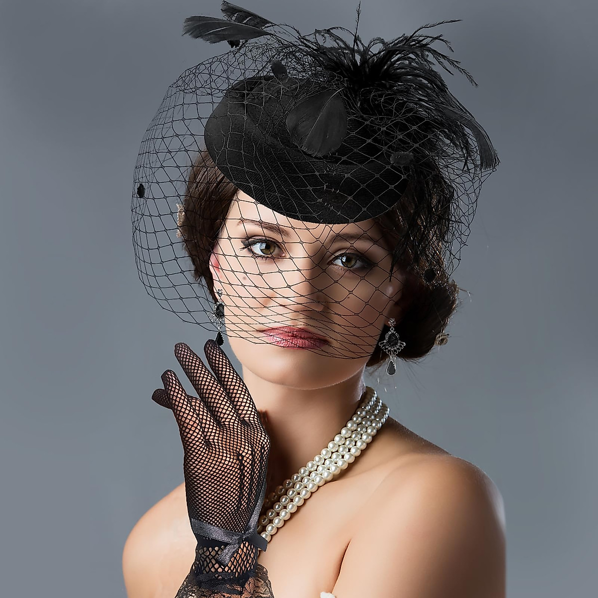 Black Vintage Feather Fascinators Hats Pillbox Hat Set 20s 50s Top Hat Lace Gloves Pearl Jewelry Set for Women Halloween Cocktail Tea Party Wedding