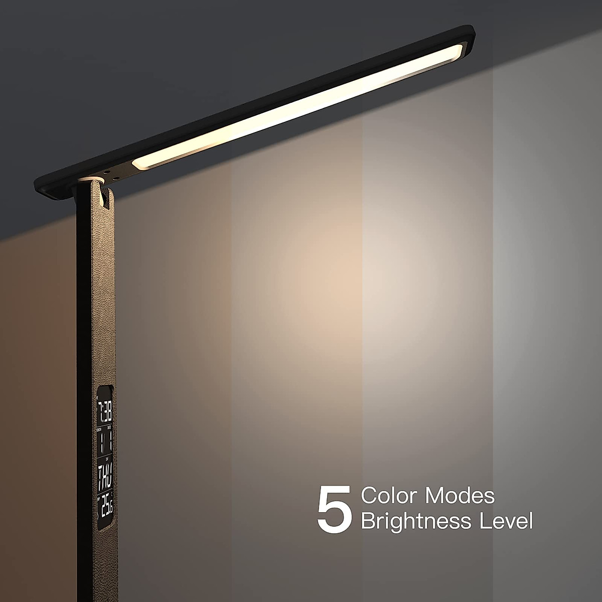 Banrterd Desk Lamp, LED Desk Lamp with Wireless Charger, USB Charing Port, Desk Lamps for Home Office, Dimmable Eye-Protecting Desk Light with Night Light, Digital Alarm Clock, Temperature, Black