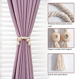 NICEEC 2 Pack Wooden Ball Magnetic Curtain Tiebacks Boho Home Decor Drape Tie Backs Natural Cotton Hand Woven Rope Curtain Holdbacks for Thin & Thick Home & Office Window Draperies (Beige)