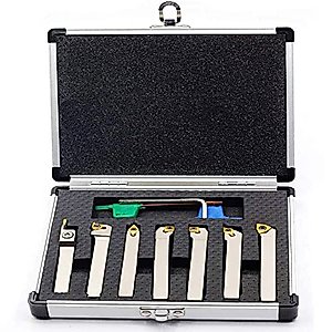 OSCARBIDE 3/8"Shank 7 Pieces/Set Nickel Plated Indexable Lathe Turning Tool Holder,CNC Heavy-Duty Metal Lathe Cutting Tools for Turning Grooving Threading with Tin Coated Carbide Inserts