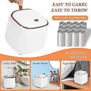 PANDENNER Mini Countertop Trash Can with 10 Rolls of Trash Bags, Desk Trash Can Tiny Trash Can with Press Type Lid, Desktop Trash Can Applicable for Bathroom Vanity Home Office (White)
