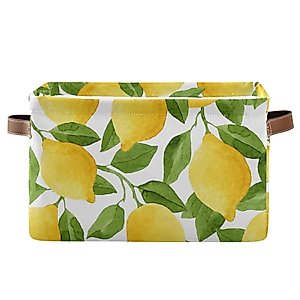 HUXINO Storage Basket Cube, Watercolor Lemon Tree Leaves Large Storage Bin Box Collapsible Clothes Toys Organizer Laundry Basket for Shelves Closet Kids Nursery Bedroom, 1 Pack