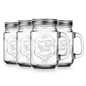 Glaver's Mason Drinking Jars – Set of 4, 16 Oz Clear Glass Jar with Handle and Lid. – Ice-Cold Drink Glassware Logo – Glass Mugs Ideal for Cold Beverages, Juice, Smoothie, Cocktails.