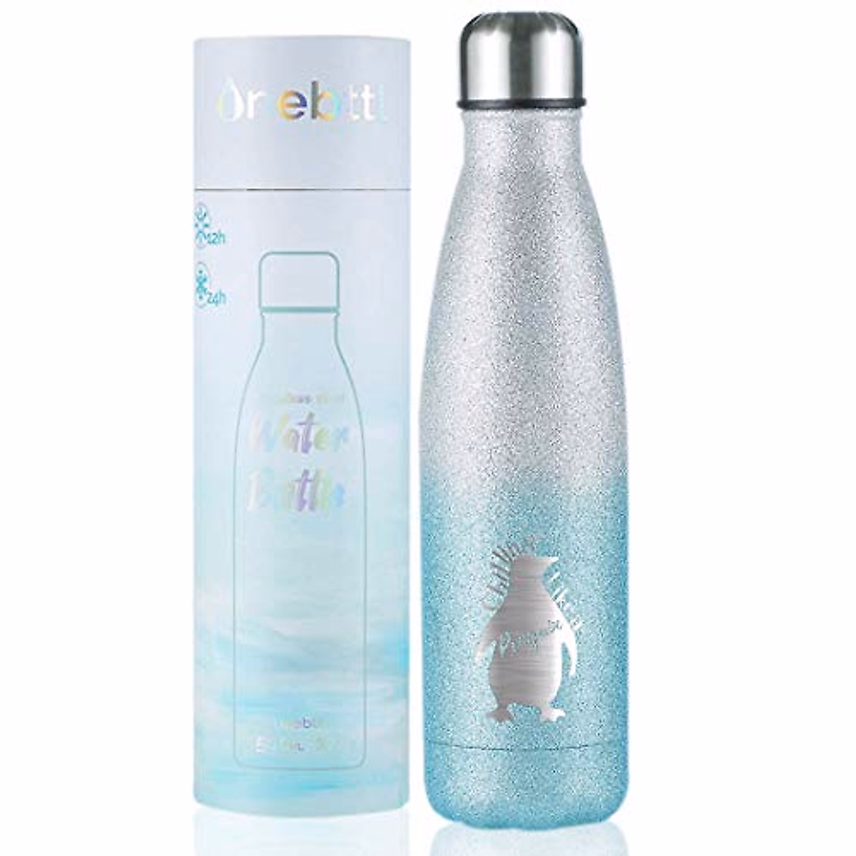 Onebttl Penguin Gifts for Girls Women Boys Penguin Lovers - Chilling Like A Penguin - 17oz Stainless Steel Water Bottle - for Daughters Sons Friends - B-day X-mas - Silver Blue Gradient Glitter
