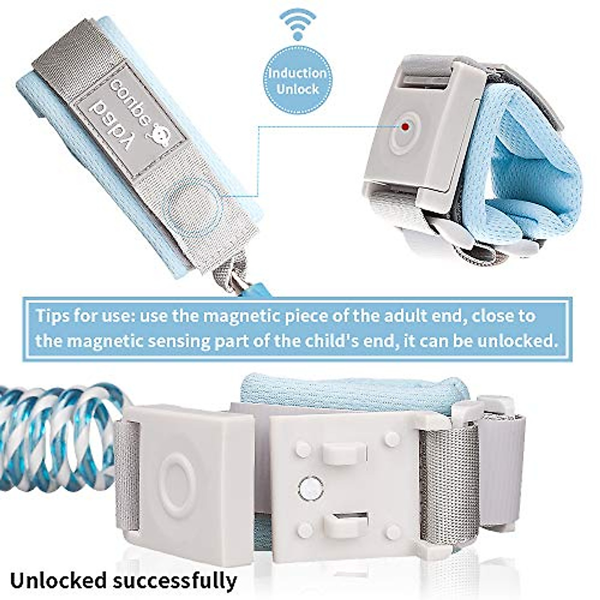 Toddler Leash Safety Harness with Induction Lock, Reflective Anti Lost Wrist Link Walking Belt Straps for Toddlers, Babies, Kids, Wrist Band for Outdoor Activities, Shopping (Blue, 2m)