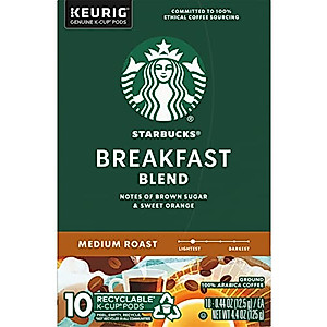 Starbucks Coffee K-Cup Pods, Breakfast Blend Medium Roast, Ground Coffee K-Cup Pods for Keurig Brewing System, 10 CT K-Cup Pods Per Box (Pack of 2 Boxes)