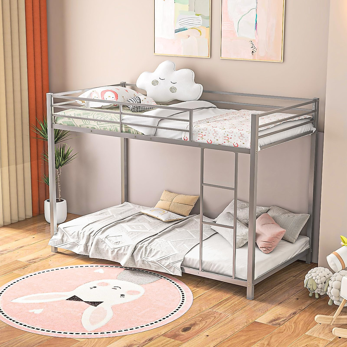 Giantex Metal Bunk Bed Twin over Twin, Low Profile Bunk Bed Frame with Ladder & Full Length Guardrail, Space-saving Twin Size Bed Frame for Kids Teens, No Box Spring Needed (Silver)