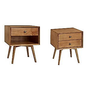 Walker Edison Mid Century Modern Wood Nightstand Side Table, 1 Drawer, Caramel & Mid Century Modern Wood Nightstand Side Table Bedroom Storage Drawer Bedside End Table, 2 Drawer, Caramel