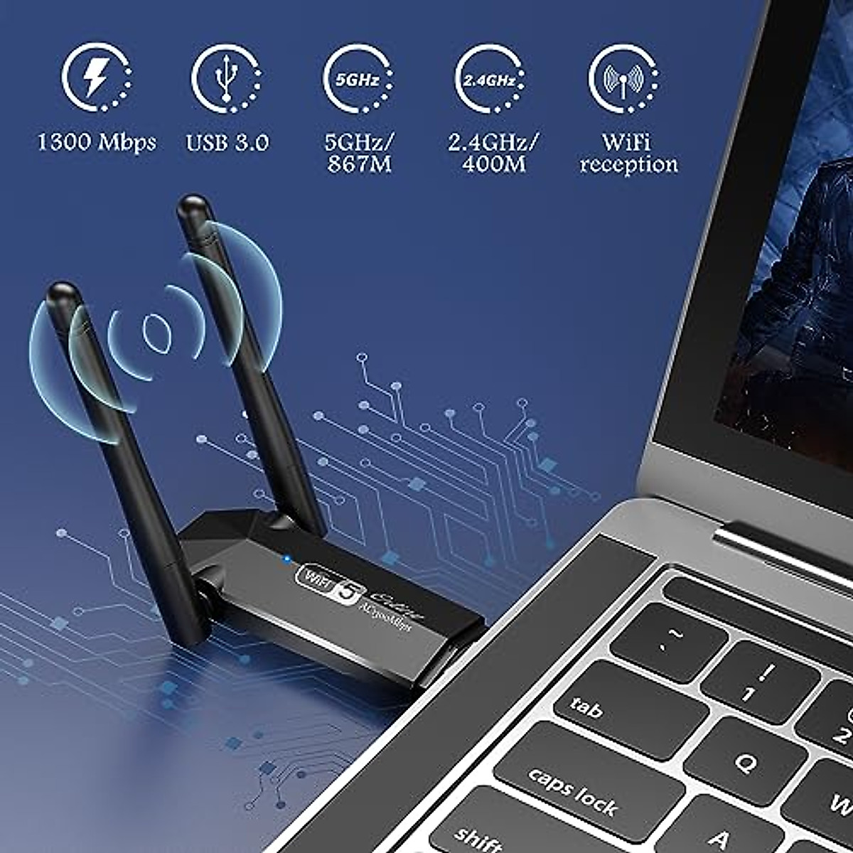 USB WiFi Adapter, Ortiny 1300Mbps WiFi USB Dual Band 5G/2.4G Wireless Network Adapter for Desktop Laptop PC, Dual Band WiFi Dongle Wireless Adapter for Supports Windows 11/10/8/7, Mac OS 10.9-10.15
