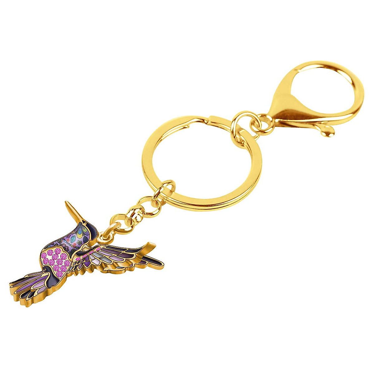 DALANE Enamel Alloy Crystal Hummingbird Keychains Birds Bag Key Ring Jewelry for Women Girls Charms Gifts (Gold Plated Purple)