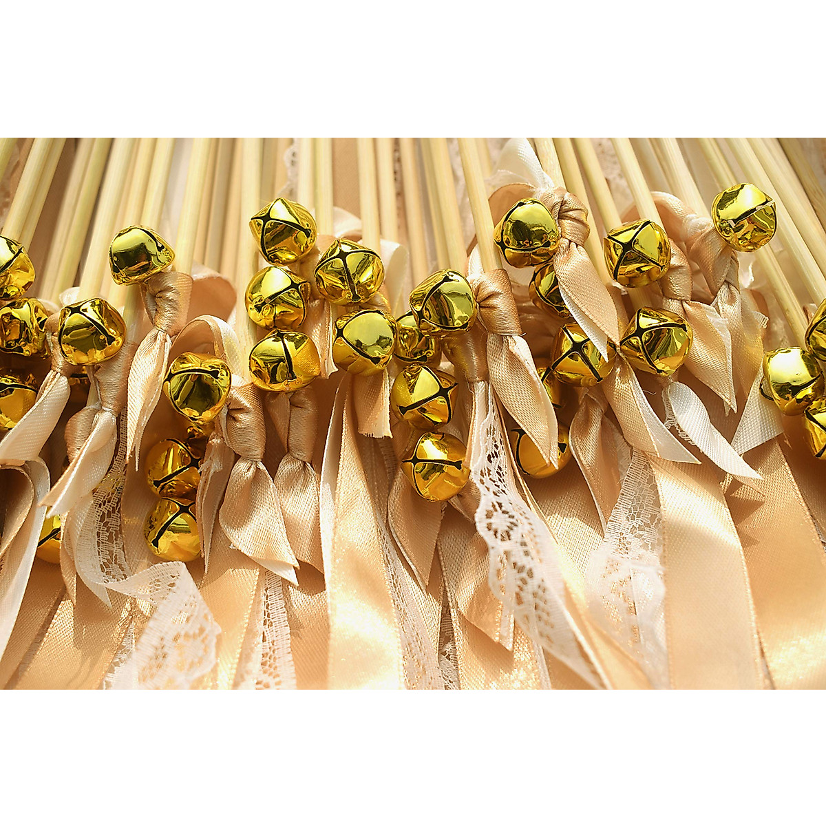 Kingsnow 50 Pack Champagne Lace Ribbon Wands Party Streamers with Bells Silk Fairy Stick Wand Party Favors for Wedding Send off Party Activities Baby Shower Holiday Celebration