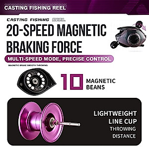 Baitcasting Fishing Reel,Compact Design Metal Body Baitcaster Reel,11LB Drag,20-Speed Magnetic Braking System,Available in 6.5:1 and 8.1:1Conventional Reel for Catfish, Musky (A: Right Hand-8.1:1)