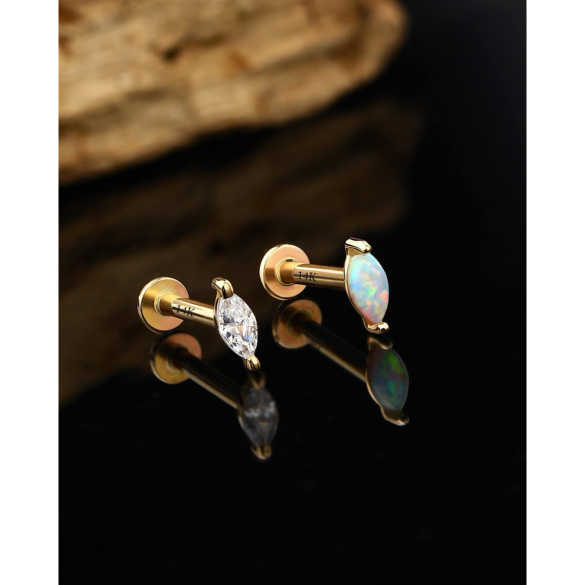 Jewseen 14K Solid Gold Push in Lip Rings G23 Titanium Labret Studs CZ Cartilage Earring 16g Tragus Helix Piercing Jewelry Flat Back Stud Nose Ring Stud Earring for Women Men