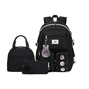Teecho Girl School Backpack Cute Backpack Set for Women Fashion Bookbag with Pen case and Lunch Bag Black