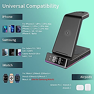 AEQ 3 in 1 Wireless Charger for Apple, Wireless Charging Station for Apple Multiple Devices with Clock/Alarm/Night Light for Apple Watch 8 7 6 SE 5 4 3 2, Airpods 3/2/Pro,iPhone14 13 12 11 Pro Max X