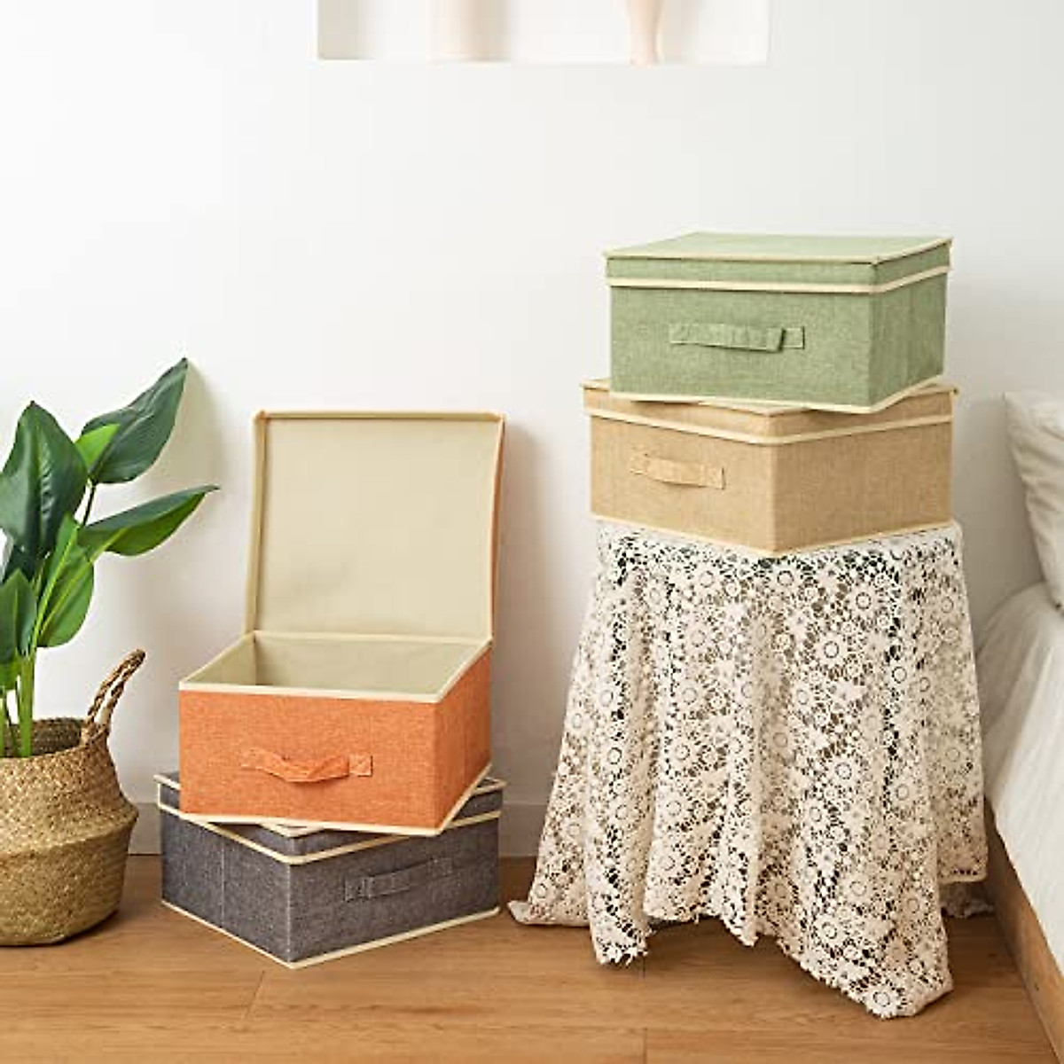 DOMEraax Storage Bins with Lid, Foldable Clothing Storage Box case with Handle for Toy, Books, Closet, Bedroom, Home, 4 Color Set, 13L x 12.5W x 7H inch