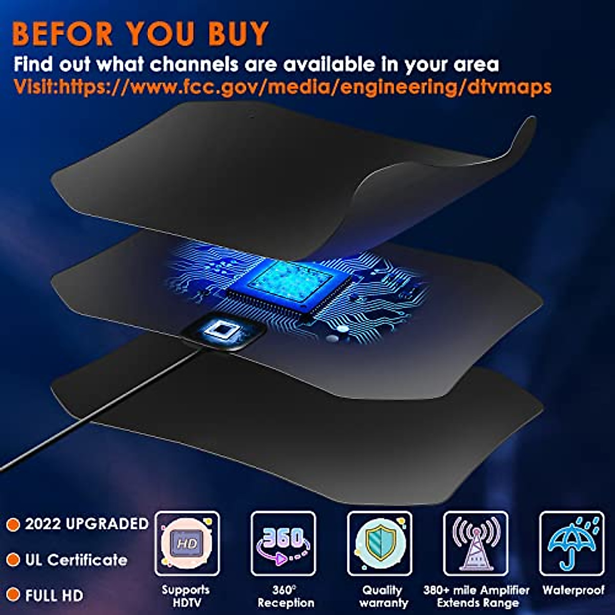 Digital TV Antenna, 380 Miles Indoor Amplifier Signal Booster Long Range HDTV Antenna Support 4K 1080P UHF VHF Free Local Channels with 13.4ft Coax Cable and USB Power Adapter