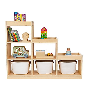 OOOK 9 Cube Shelves Storage Cabinet, L Shaped Freestanding Ladder Corner Bookshelf 6 Cubes Stepped Etagere Bookcase, 4 Tier Wooden Storage Display Shelf Kids Furniture, Natural