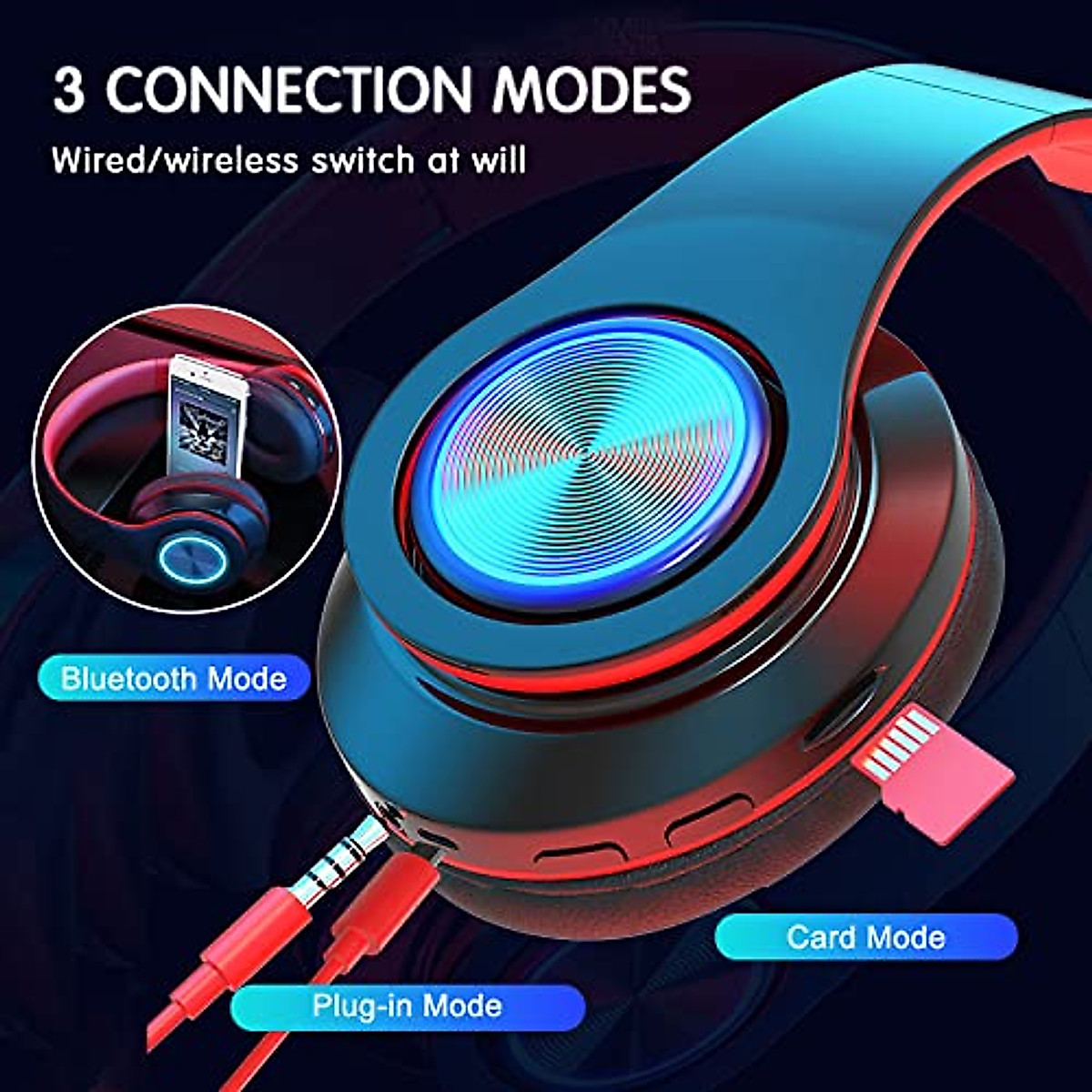 Bluetooth Headphones Over Ear for Music,LED Foldable Stereo Headphones for Gaming with Volume Control,Built in Mic,Support TF,Wired and Wireless Headset for Smart Phone/TV/PC(Black)